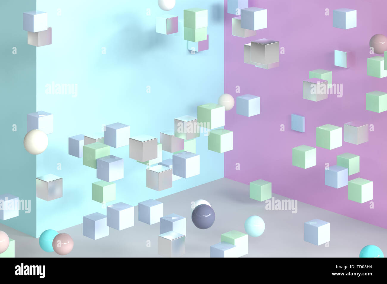 Scattered balls with squares light color background, 3D rendering Stock ...