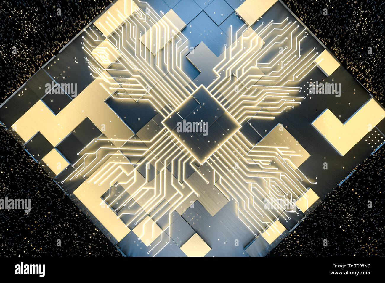 Golden Luminescent Circuit Background Three Dimensional Rendering