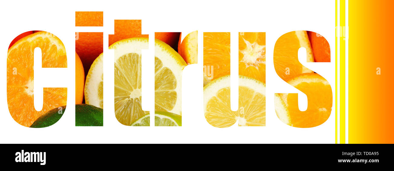 Word citrus made of fruits on orange background Stock Photo - Alamy