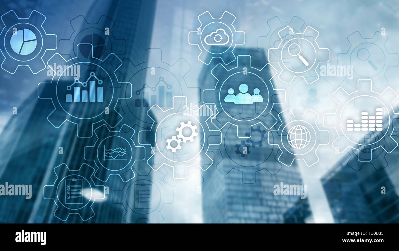 Business process abstract diagram with gears and icons. Workflow and automation technology ...