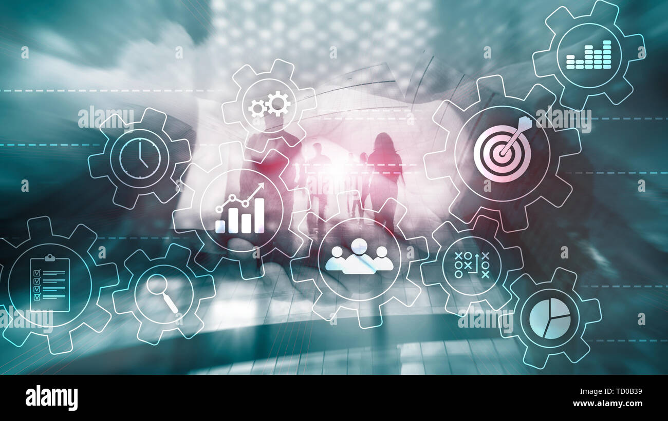 Business process automation concept. Gears and icons on abstract ...