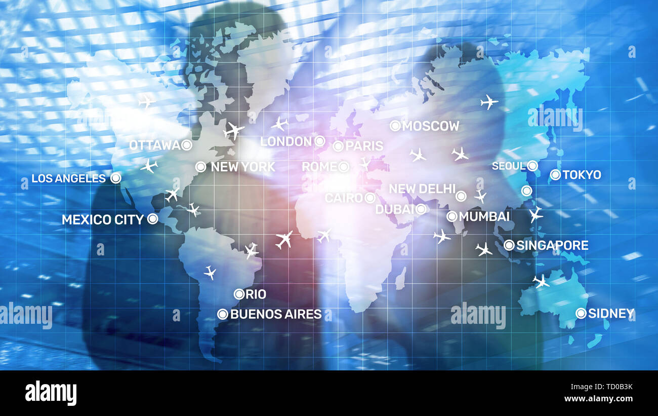 Aviation wallpaper with planes over the map with major city names ...