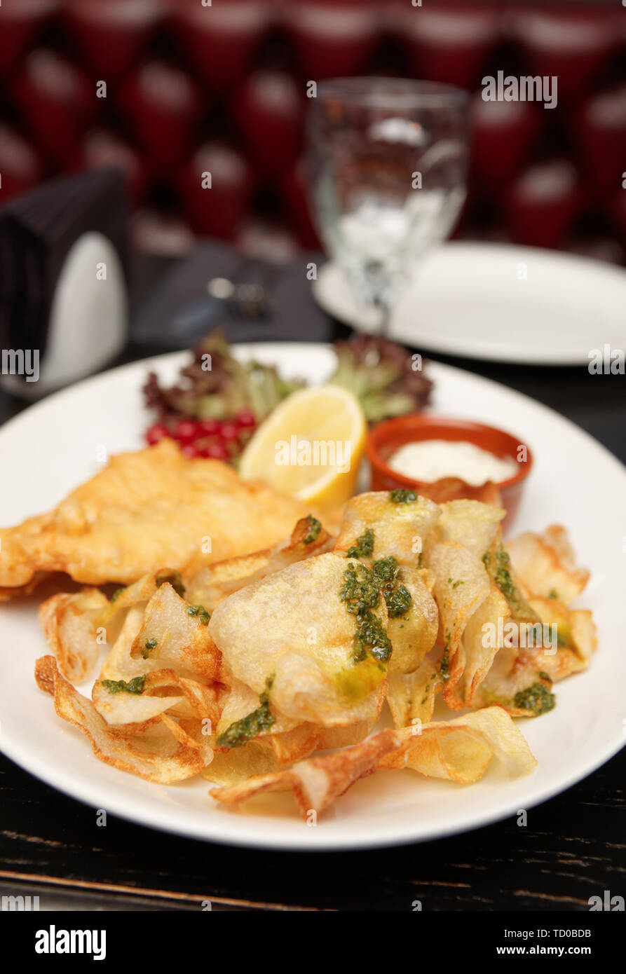 Fish and chips in plate, pub food Stock Photo - Alamy