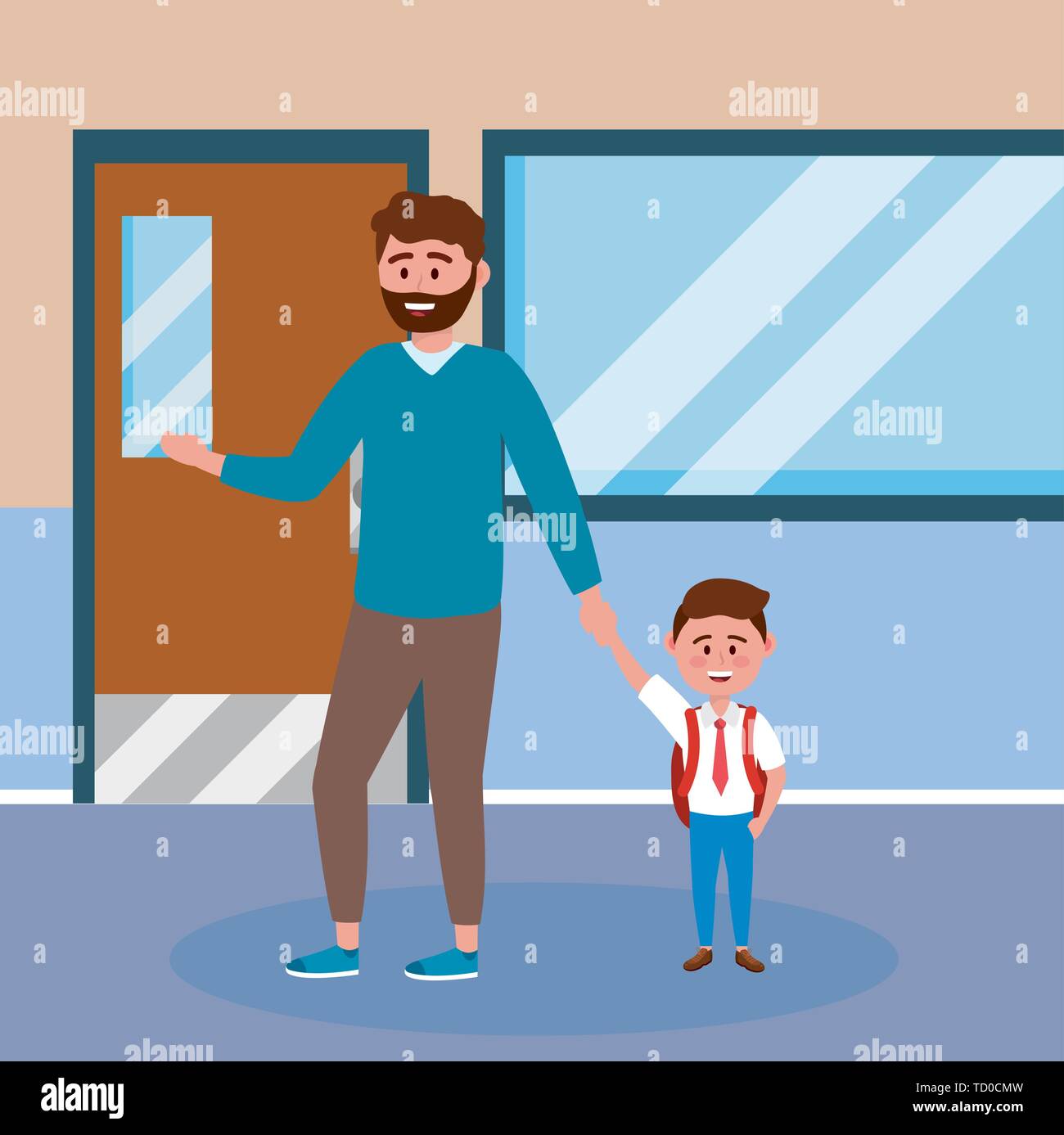 father with his boy student with uniform and backpack to back to school ...