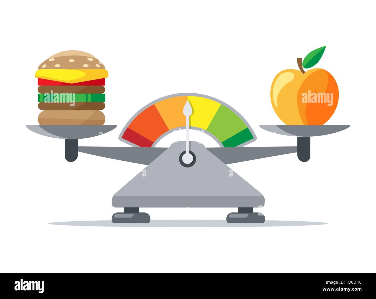 Scales of woman eating. Apple fruit healthy food and unhealthy ...