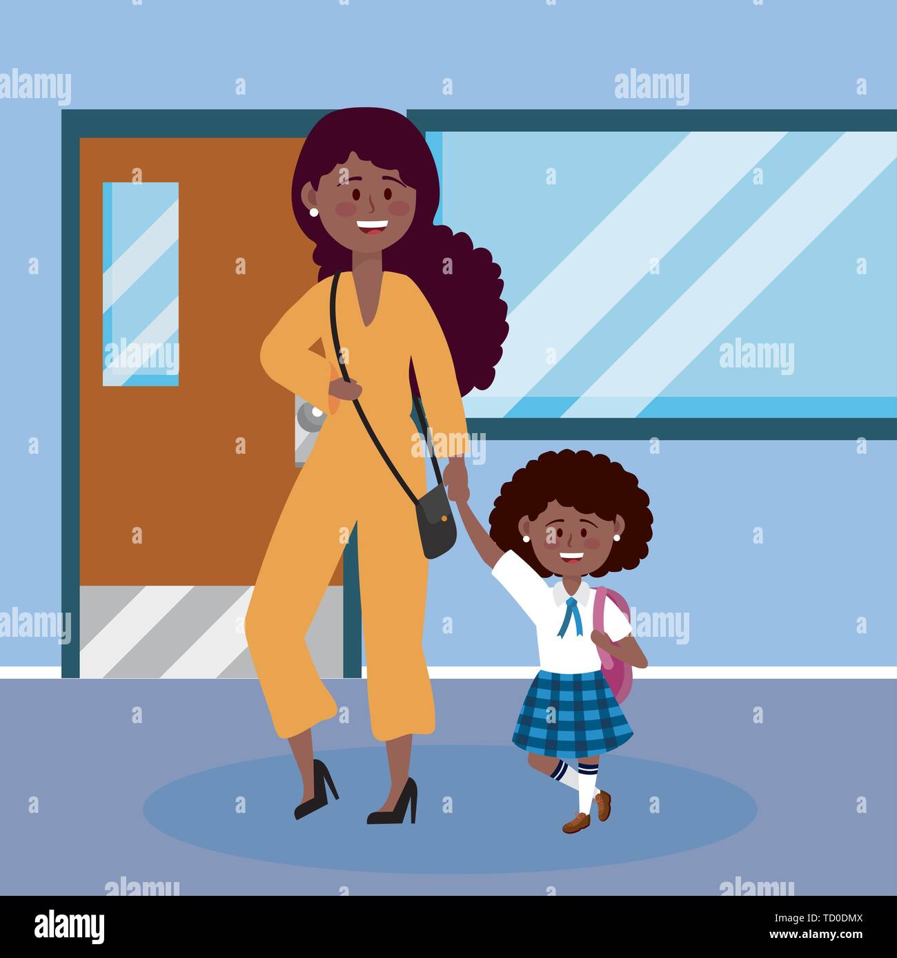 mother with her girl student and blackpack with uniform to back to ...