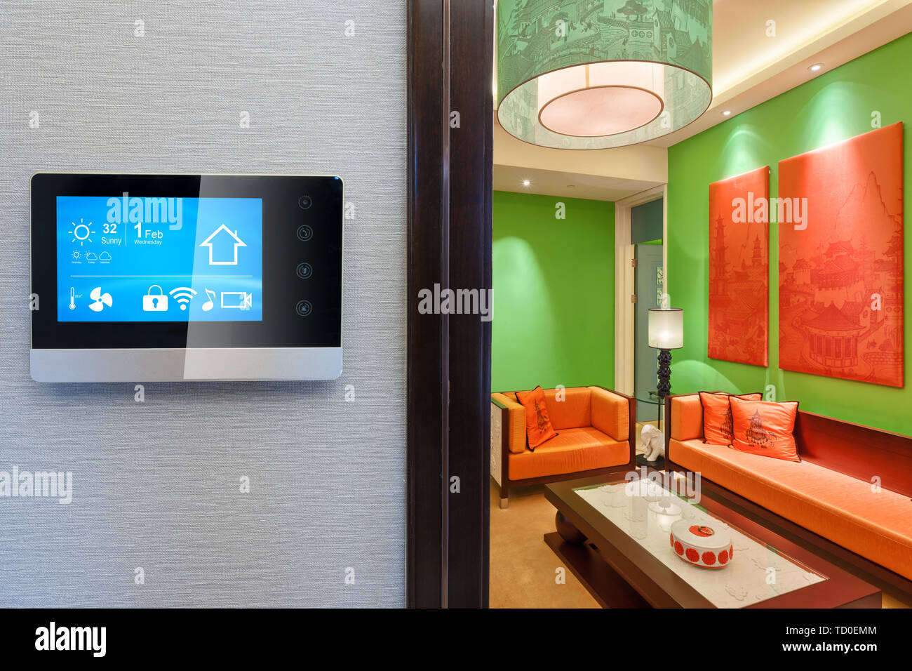smart screen with smart home with modern living room Stock Photo - Alamy
