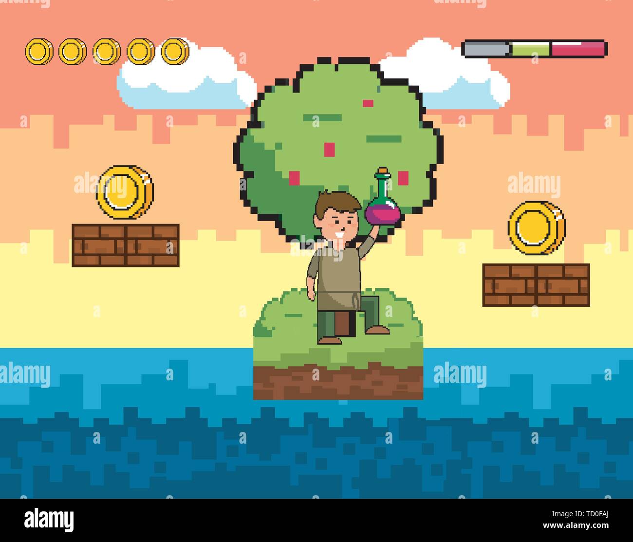 Arcade game world design, Pixel scene art retro and videogame theme ...