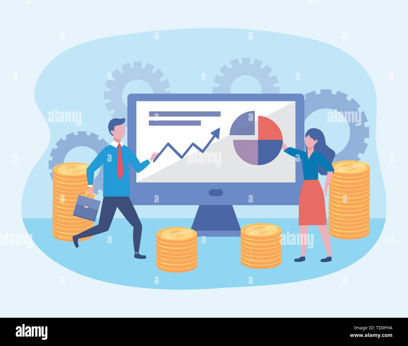 businessman and businesswoman with computer and diagram information to ...