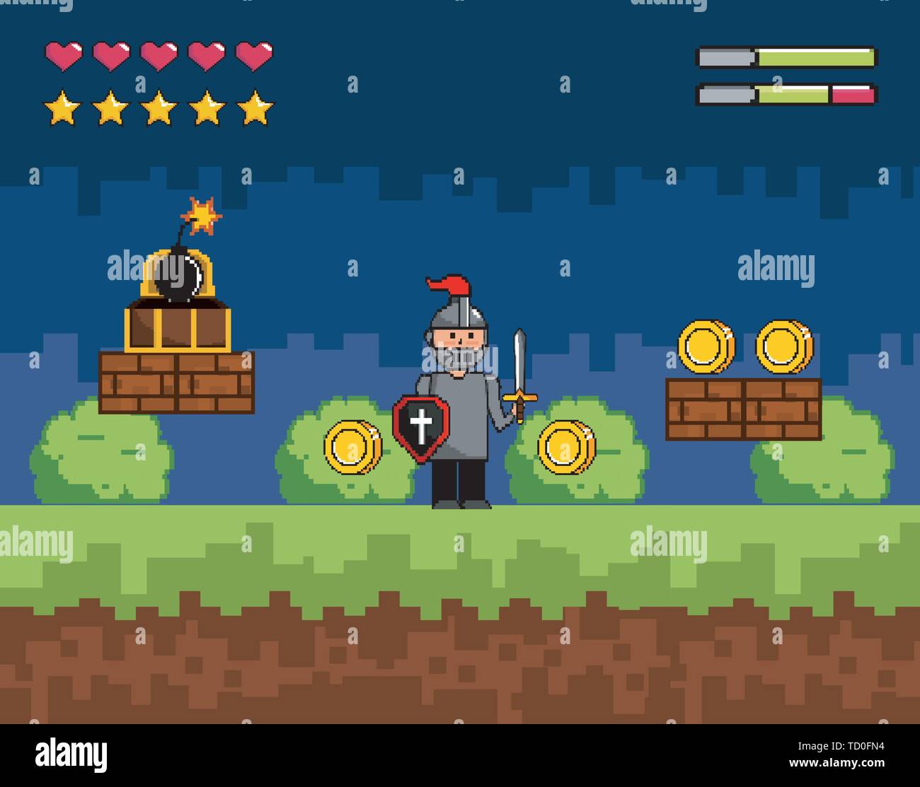 Arcade game world design, Pixel scene art retro and videogame theme ...