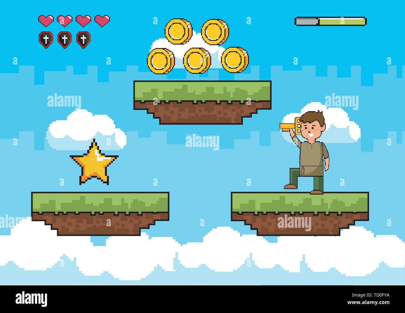 Arcade game world design, Pixel scene art retro and videogame theme ...