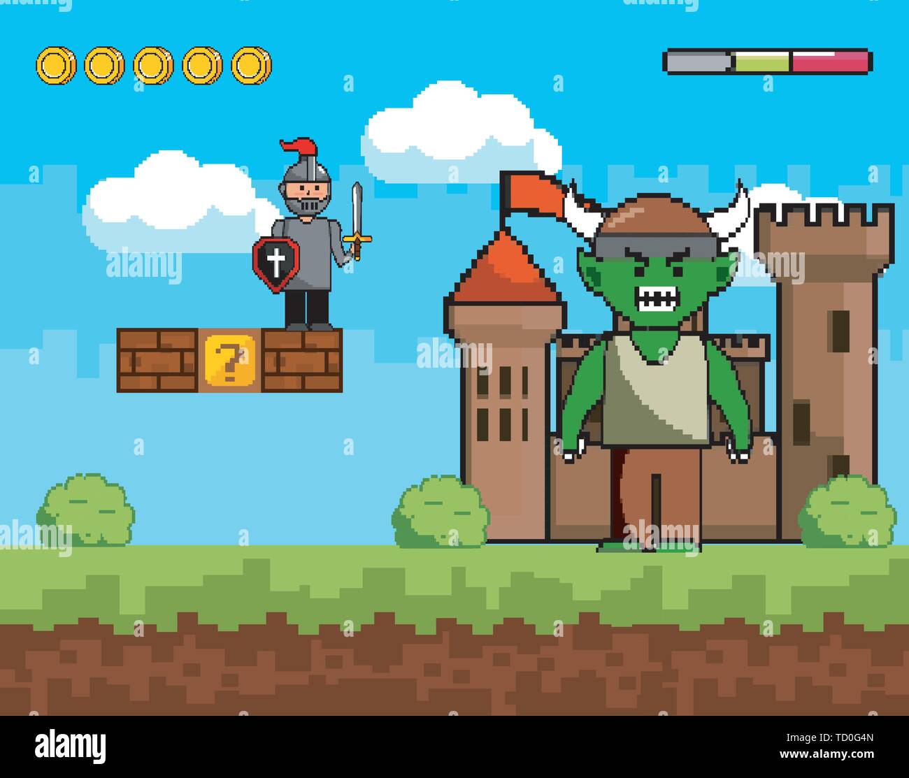 Arcade game world design, Pixel scene art retro and videogame theme ...