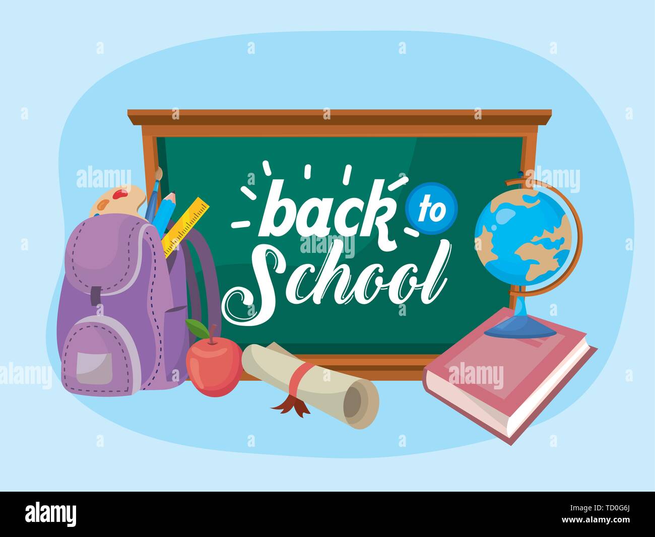 blackboard with backpack and book with apple fruit to back to school ...