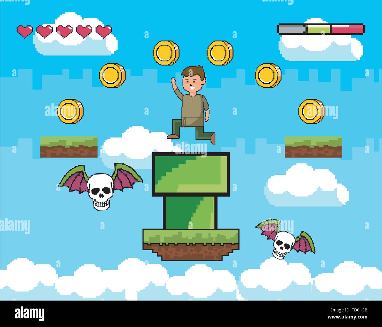 Arcade game world design, Pixel scene art retro and videogame theme ...