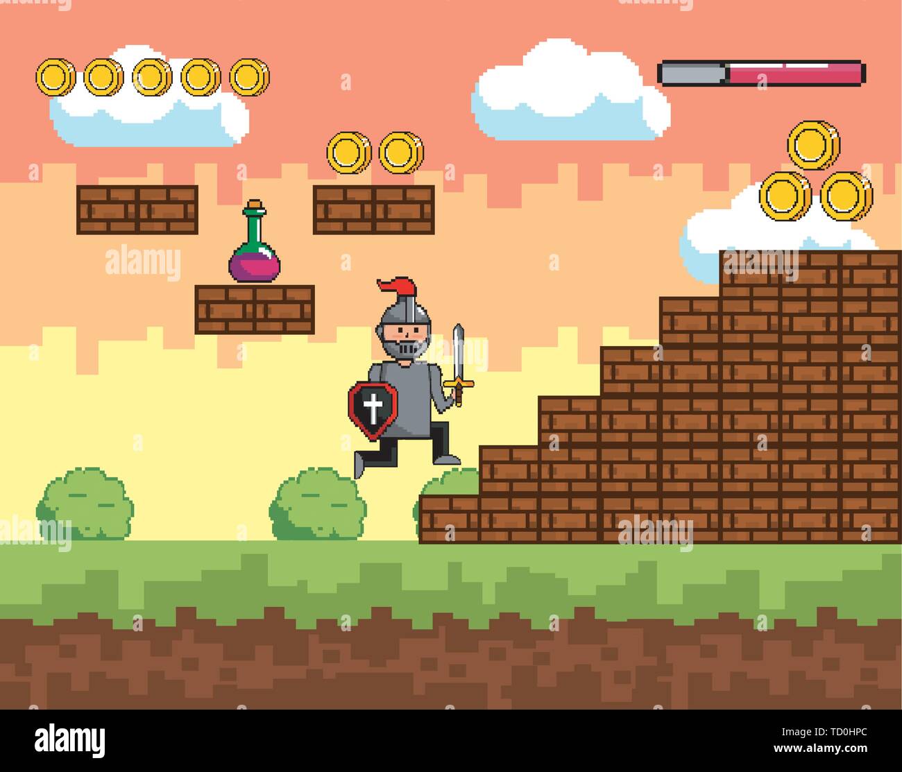 Arcade game world design, Pixel scene art retro and videogame theme ...