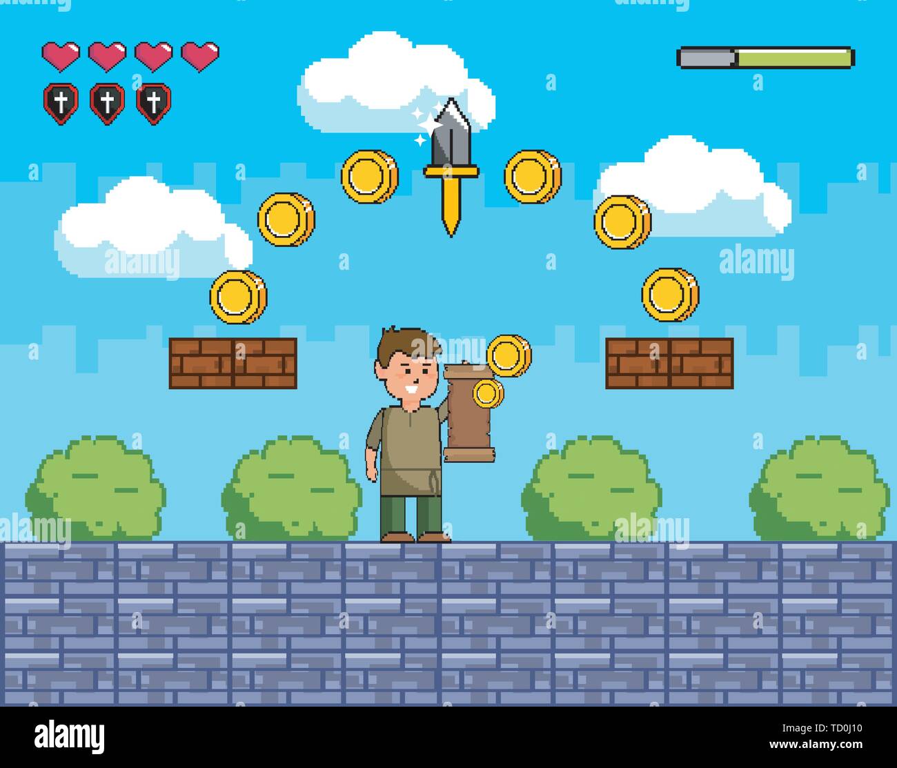 Arcade game world design, Pixel scene art retro and videogame theme ...