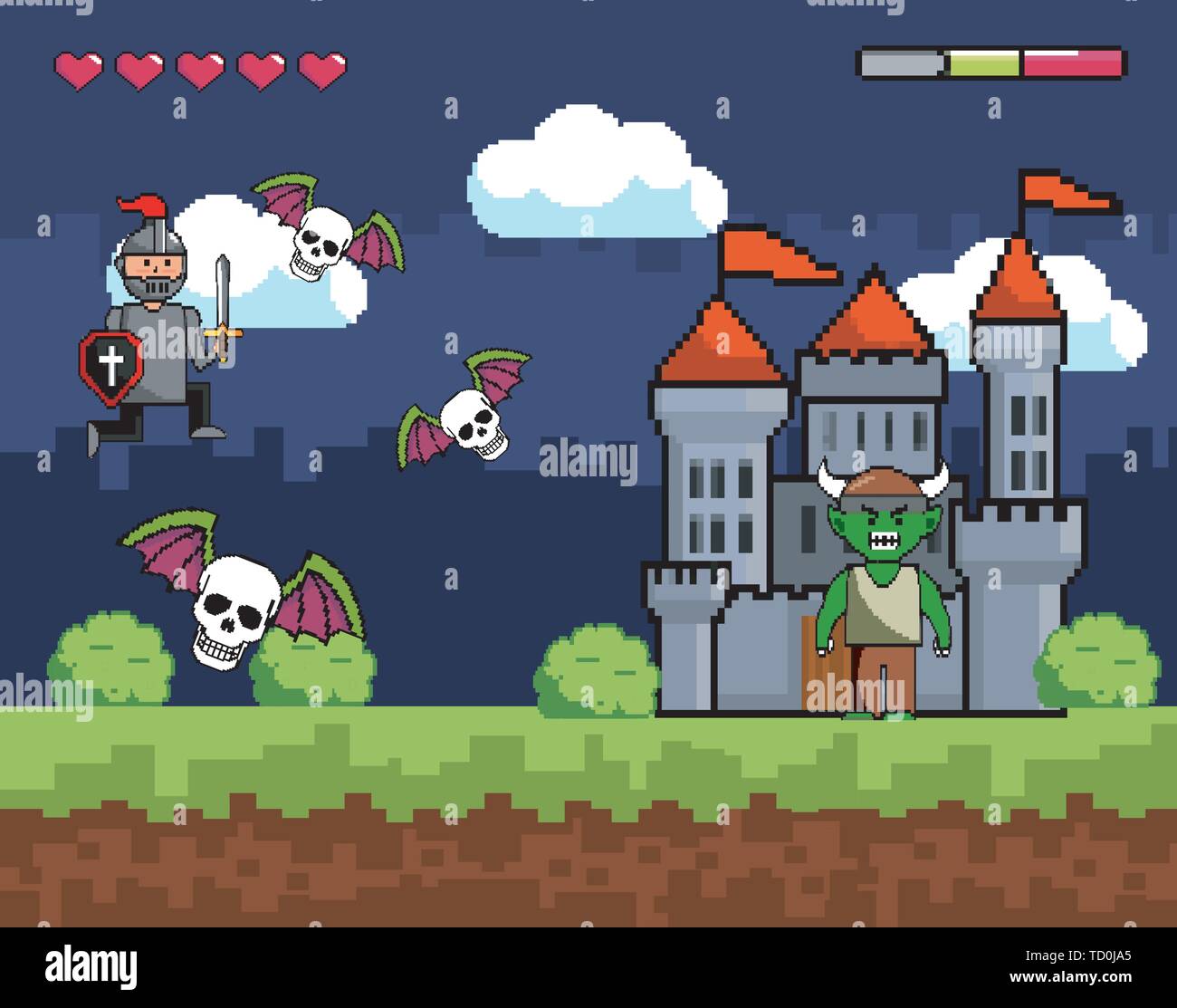 Arcade game world design, Pixel scene art retro and videogame theme ...