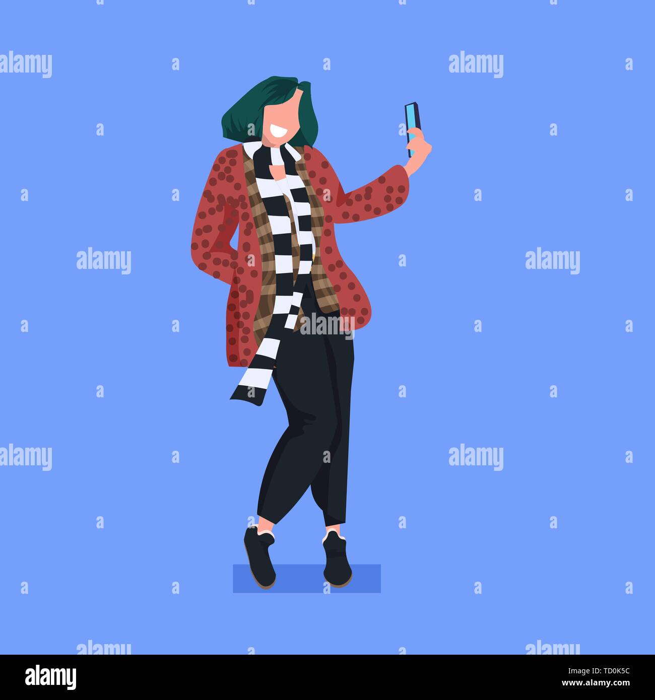 woman taking selfie photo on smartphone camera casual female cartoon ...