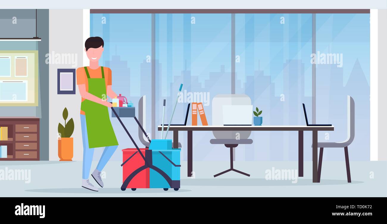 man pushing trolley cart male cleaner janitor in uniform cleaning ...