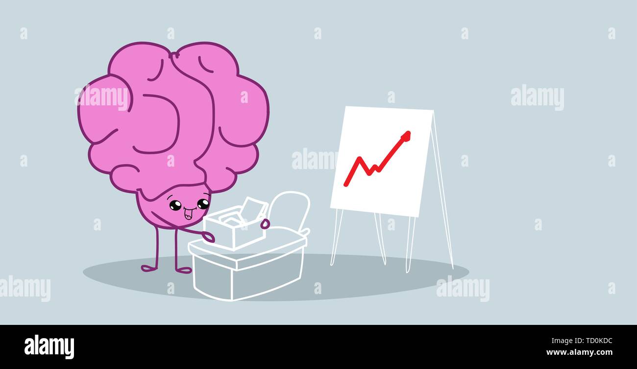 cute human brain sitting at workplace analyzing financial graph on flip ...