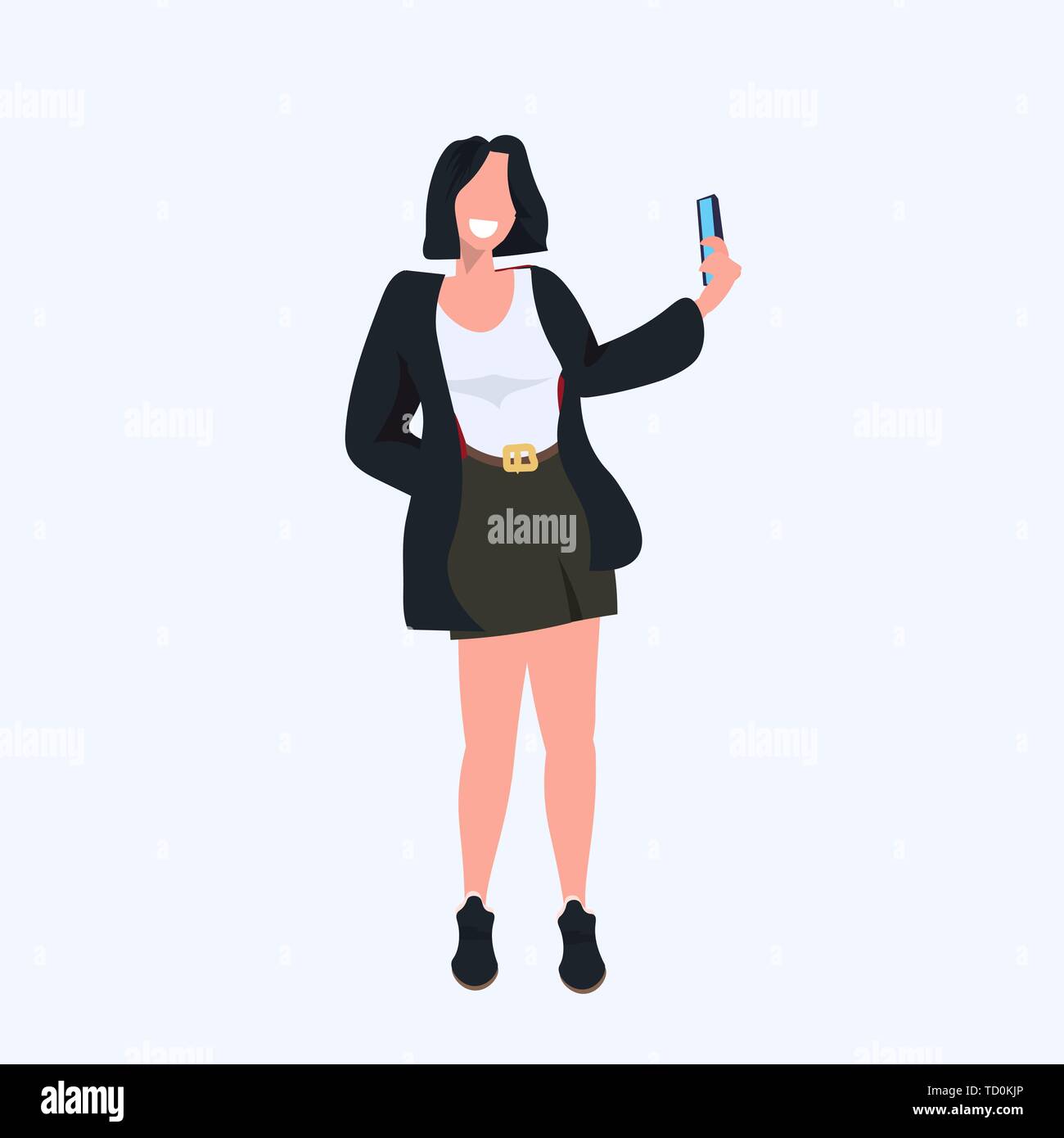 woman taking selfie photo on smartphone camera casual female cartoon ...