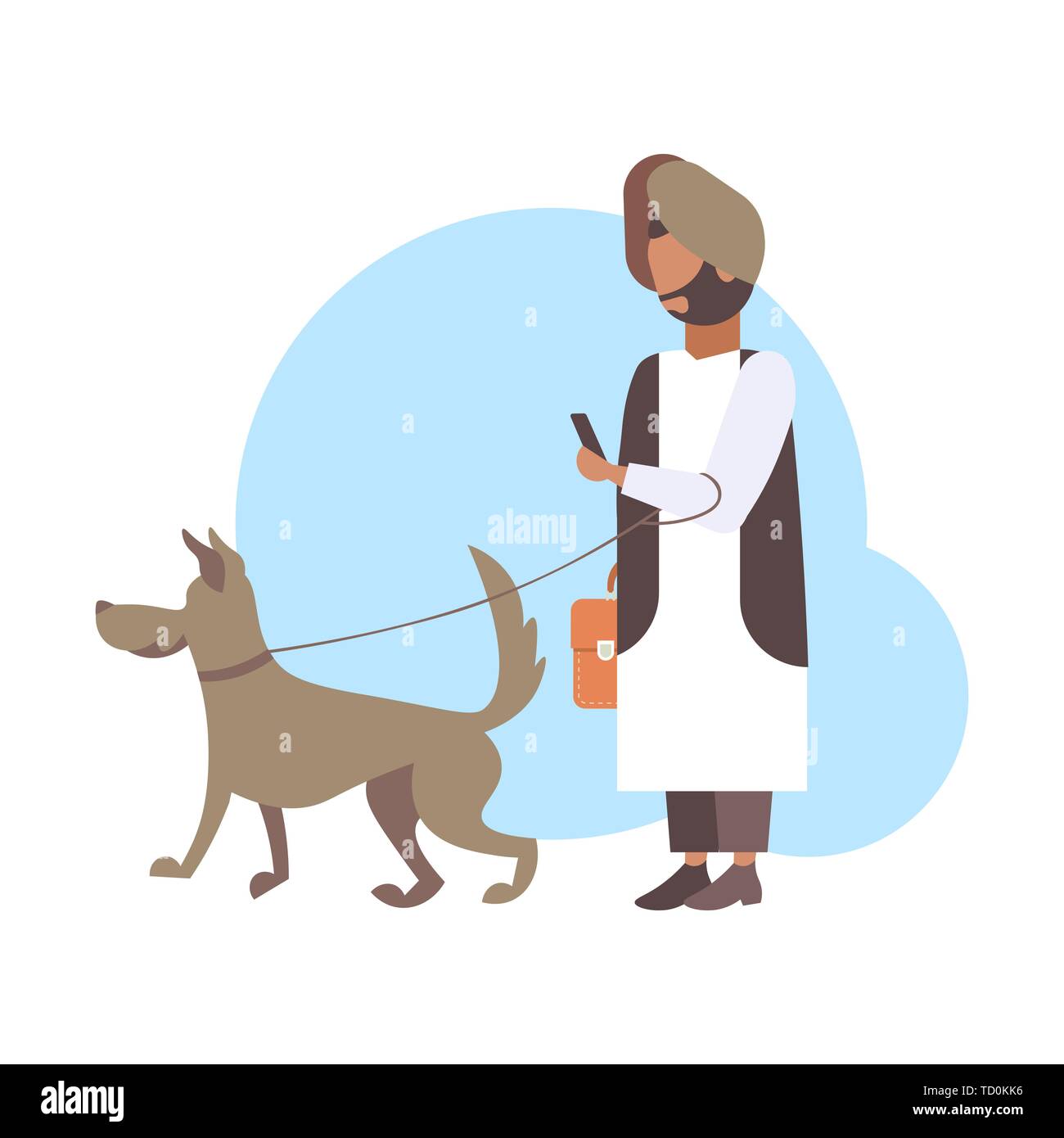 arabic man walking with dog arab character in traditional clothes using ...