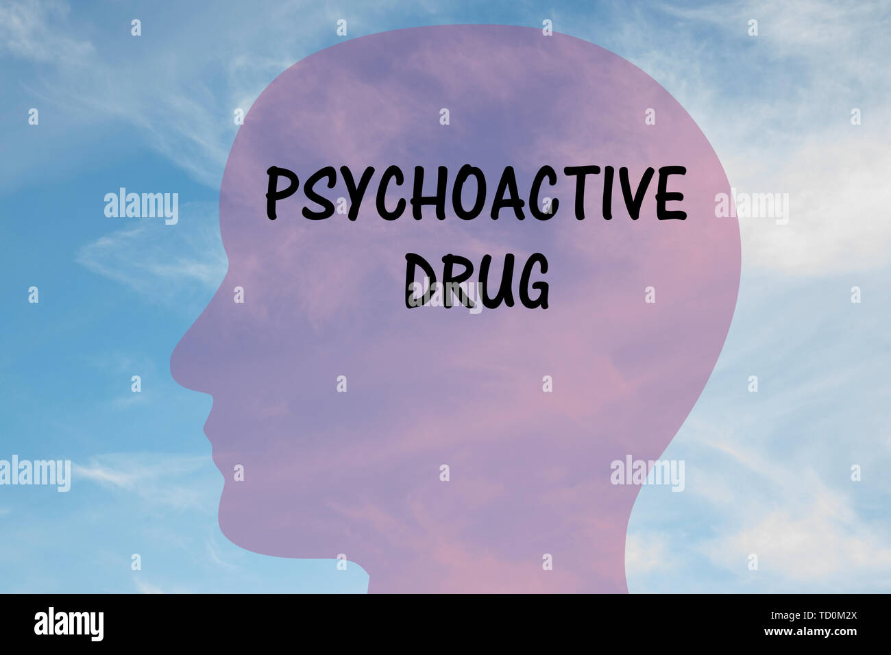 Render illustration of PSYCHOACTIVE DRUG title on head silhouette, with ...