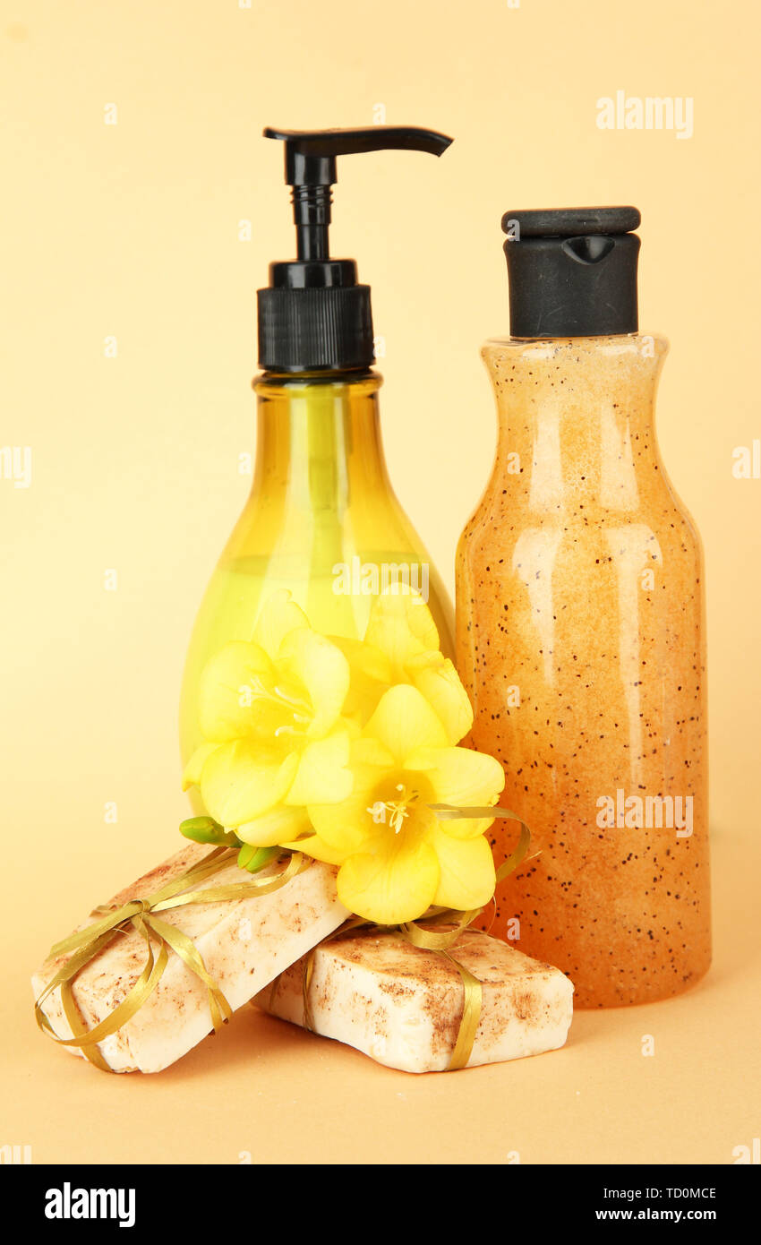 Liquid and hand-made soaps on beige background Stock Photo - Alamy
