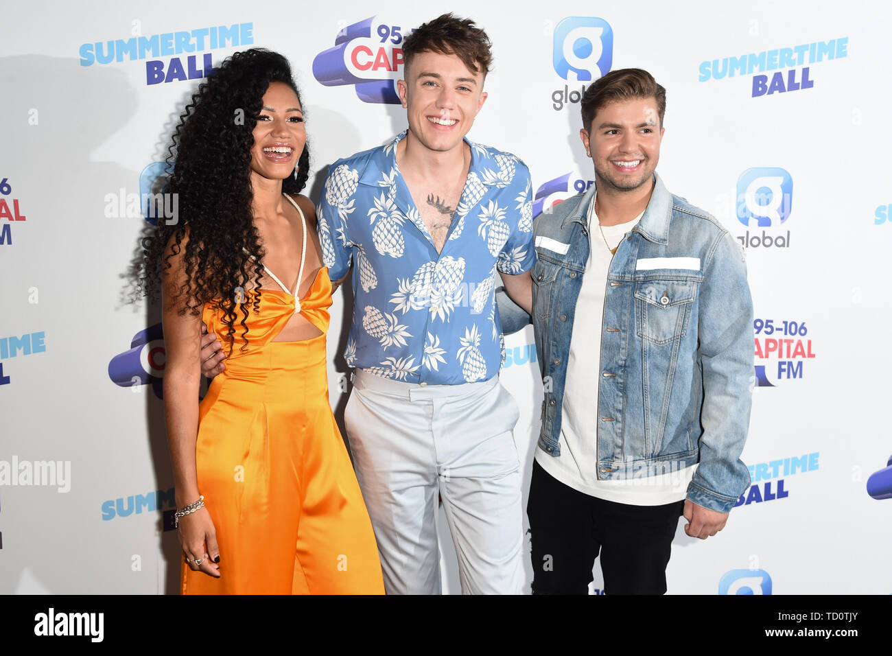 LONDON, UK. June 08, 2019: Vick Hope, Roman Kemp and Sonny Jay poses on ...