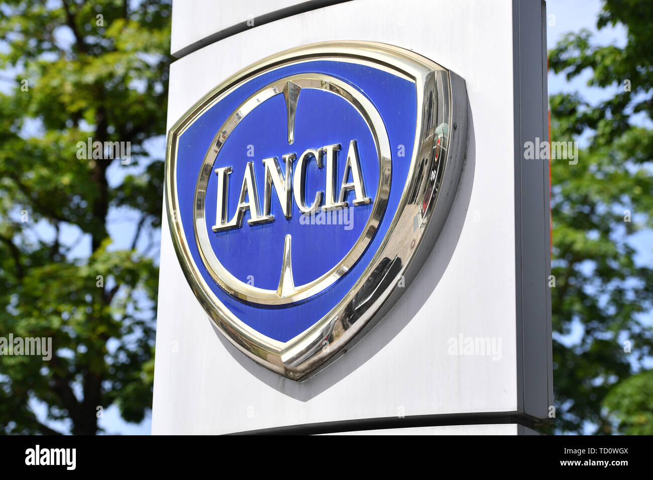 Munich, Deutschland. 10th June, 2019. Lancia brand emblem at a car ...