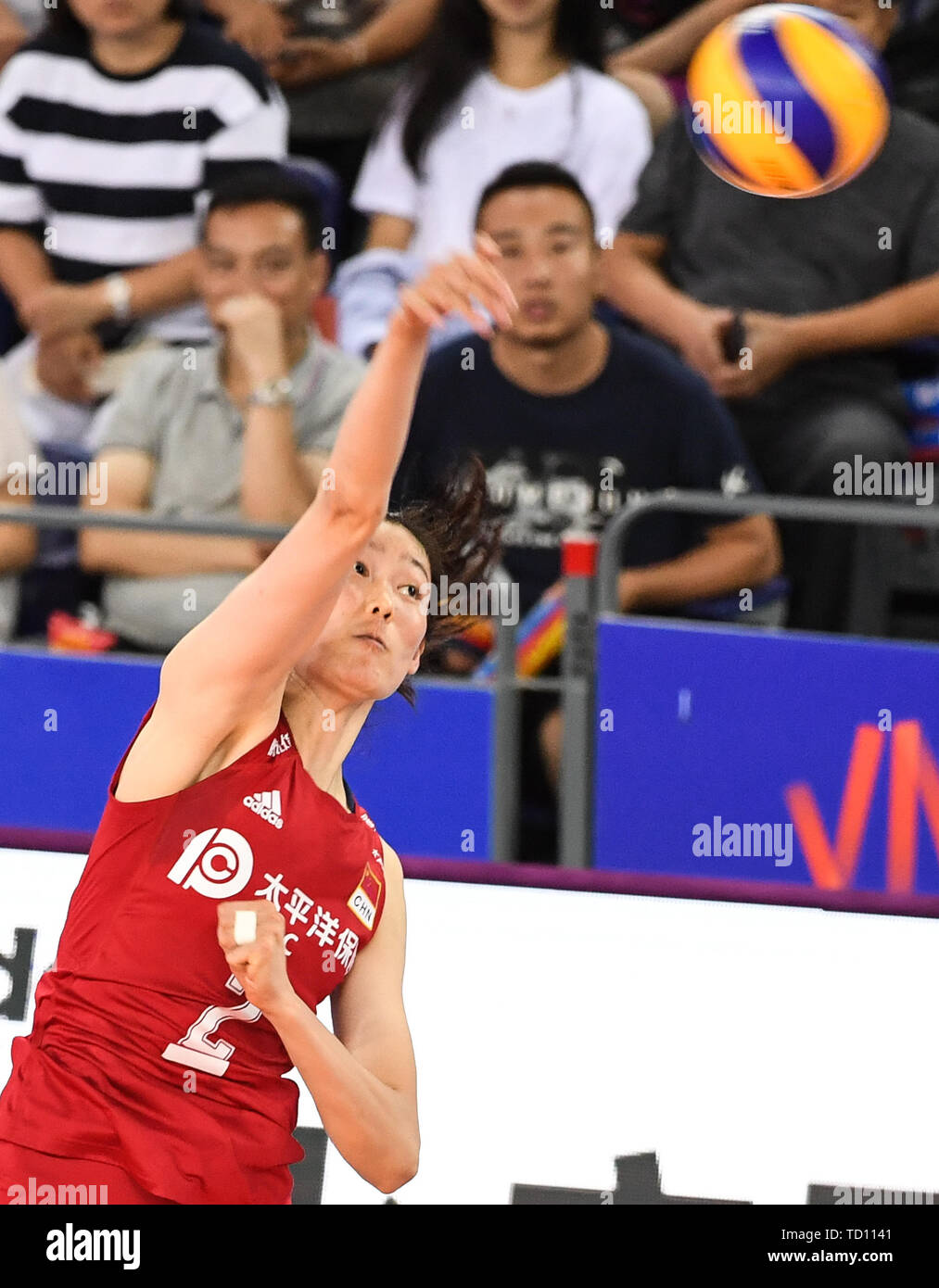Jiangmen, China's Guangdong Province. 11th June, 2019. Zhu Ting of China spikes the ball during ...