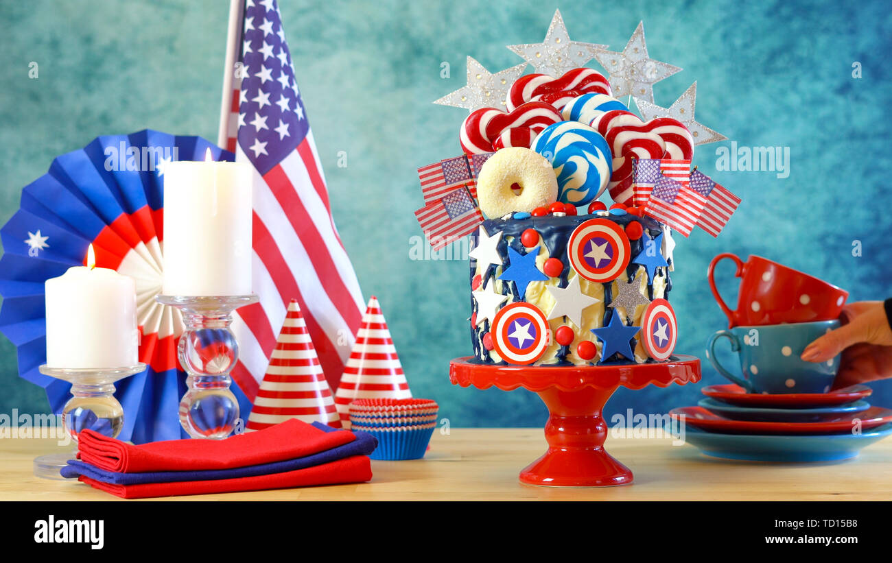 USA theme on-trend candyland fantasy drip cake with decorations in ...