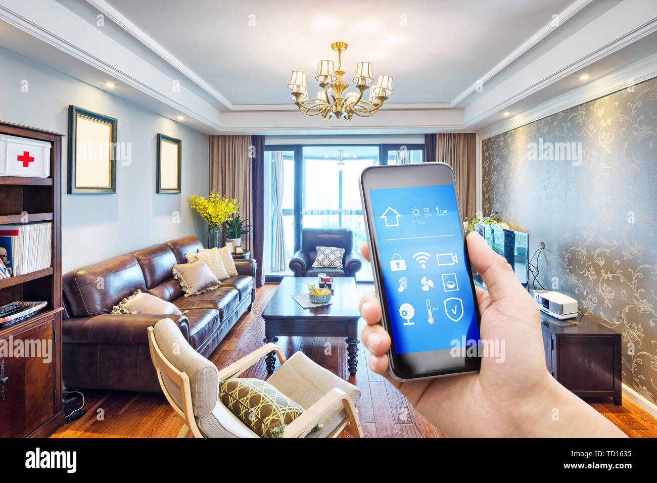 smart phone with smart home with modern living room Stock Photo - Alamy