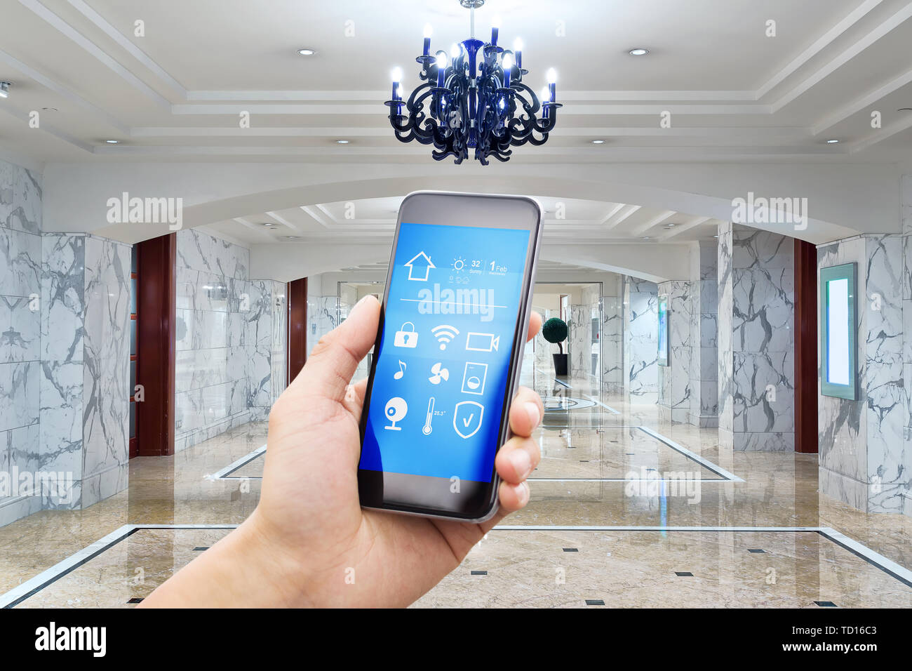 smart phone with smart home with modern corridor Stock Photo - Alamy