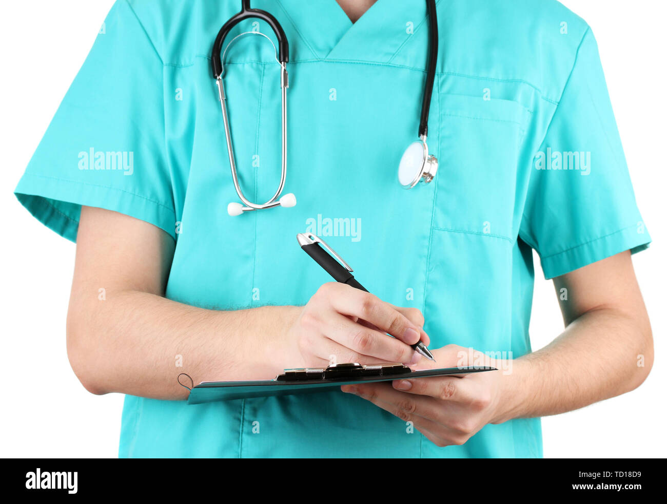 Hand of doctor with pen writing on prescription blank, isolated on ...