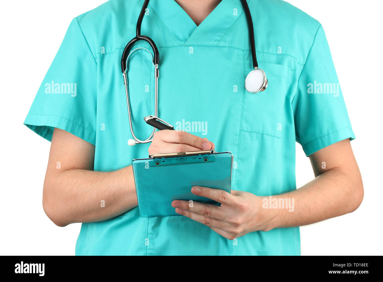 Hand of doctor with pen writing on prescription blank, isolated on ...