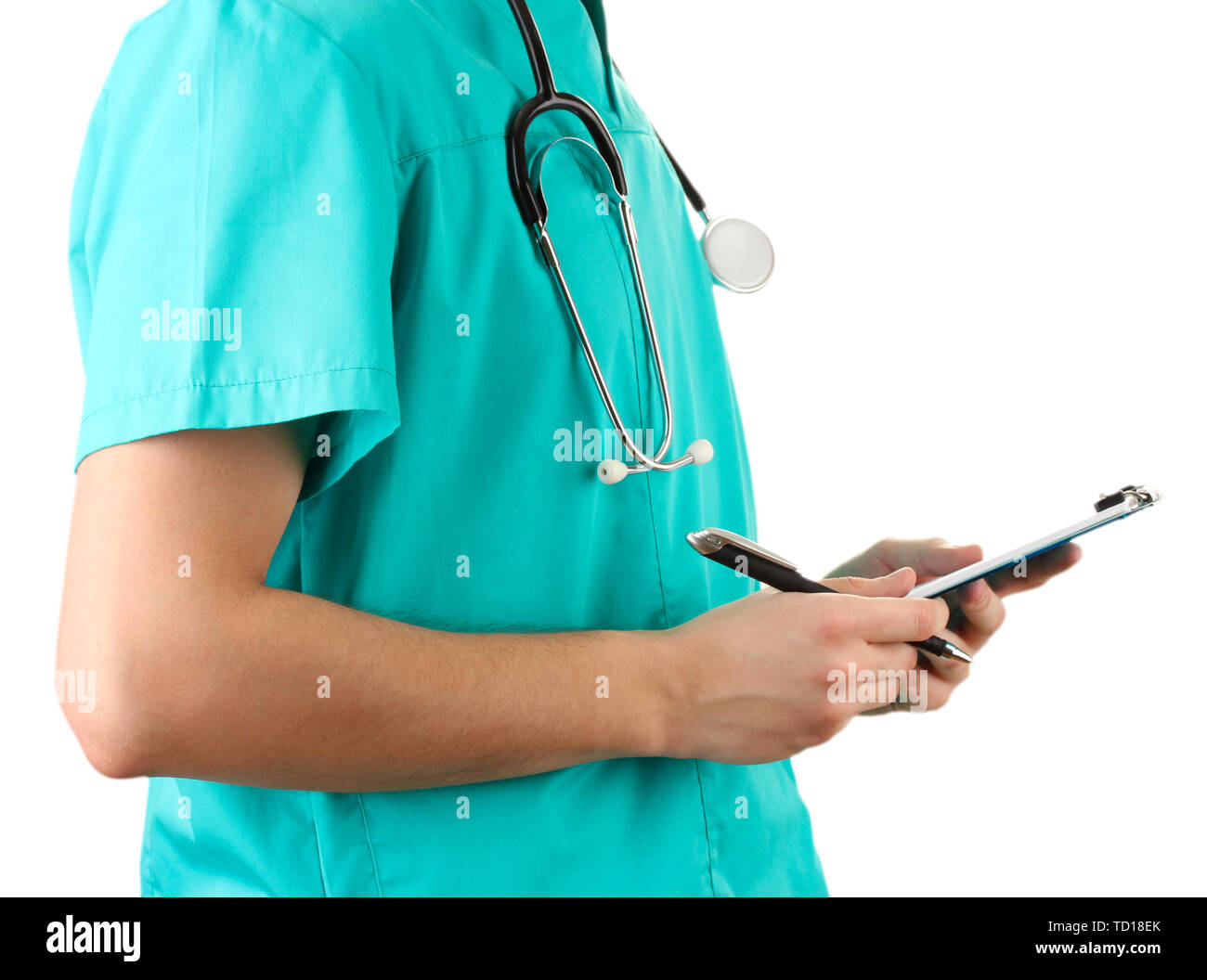 Hand of doctor with pen writing on prescription blank, isolated on ...