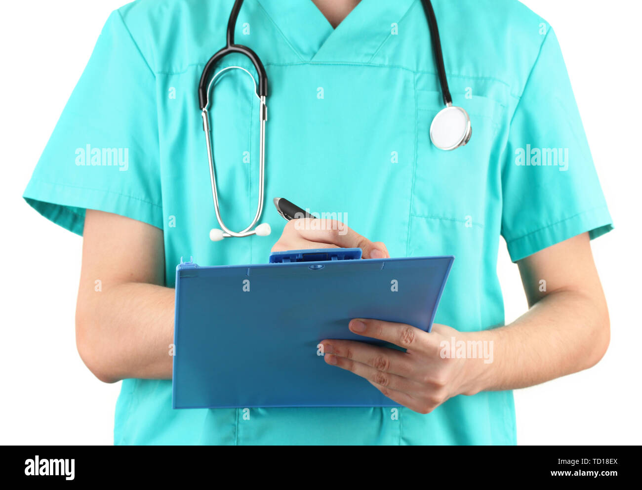 Hand of doctor with pen writing on prescription blank, isolated on ...