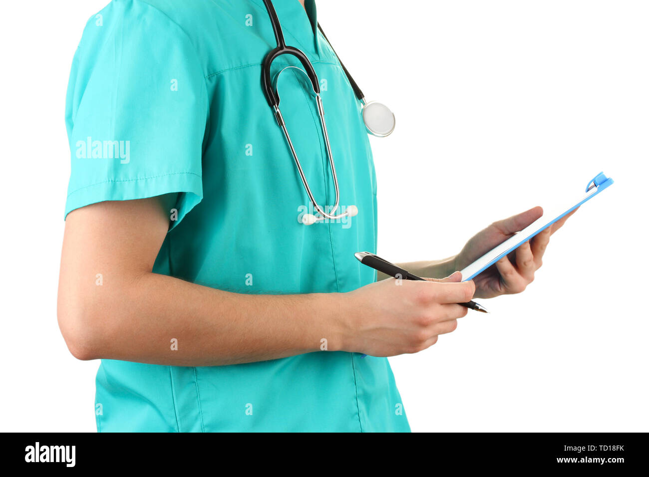 Hand of doctor with pen writing on prescription blank, isolated on ...