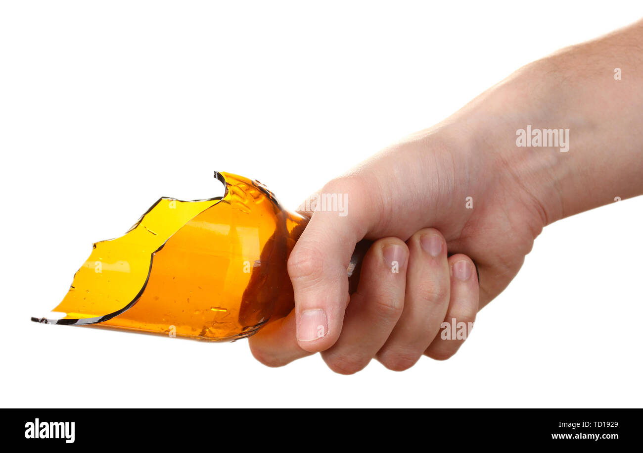 Male hand with broken glass bottle, isolated on white Stock Photo - Alamy