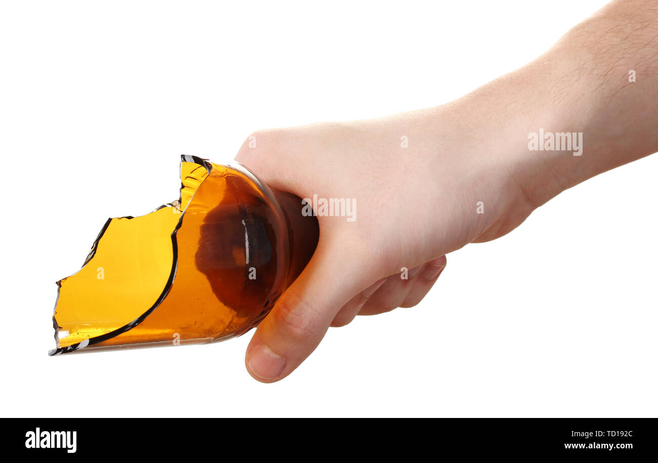 Male hand with broken glass bottle, isolated on white Stock Photo - Alamy