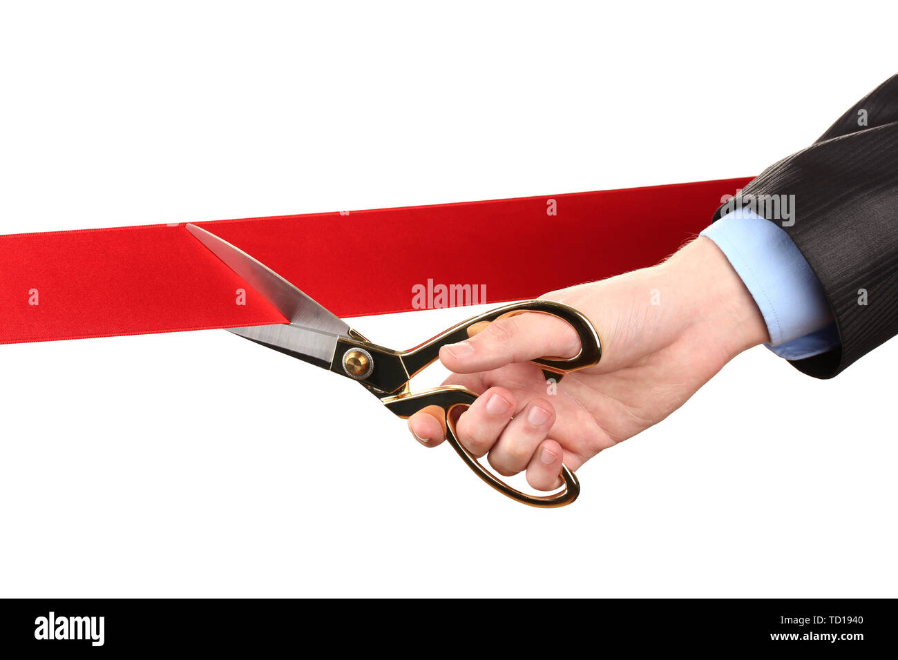 Cutting red ribbon, isolated on white Stock Photo - Alamy