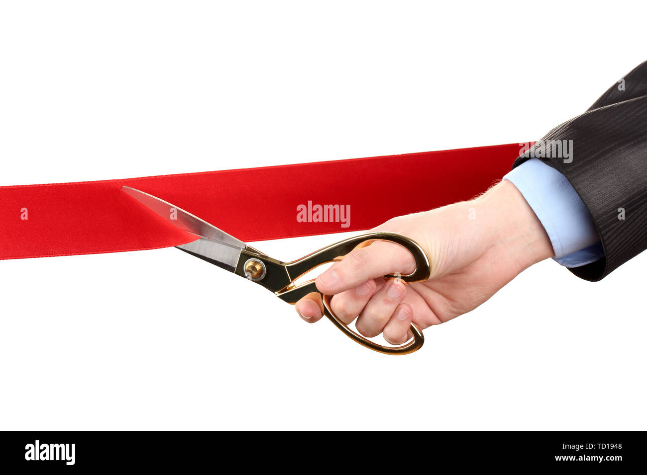 Cutting red ribbon, isolated on white Stock Photo - Alamy