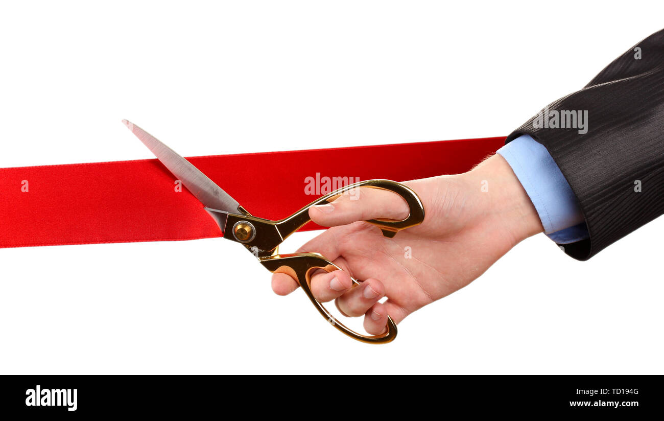 Cutting red ribbon, isolated on white Stock Photo - Alamy