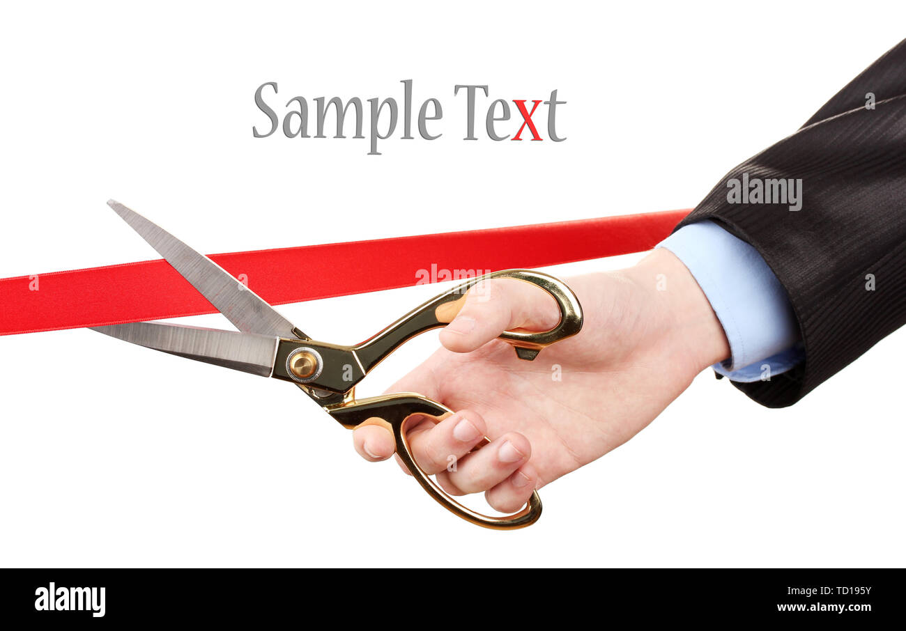 Cutting red ribbon, isolated on white Stock Photo - Alamy