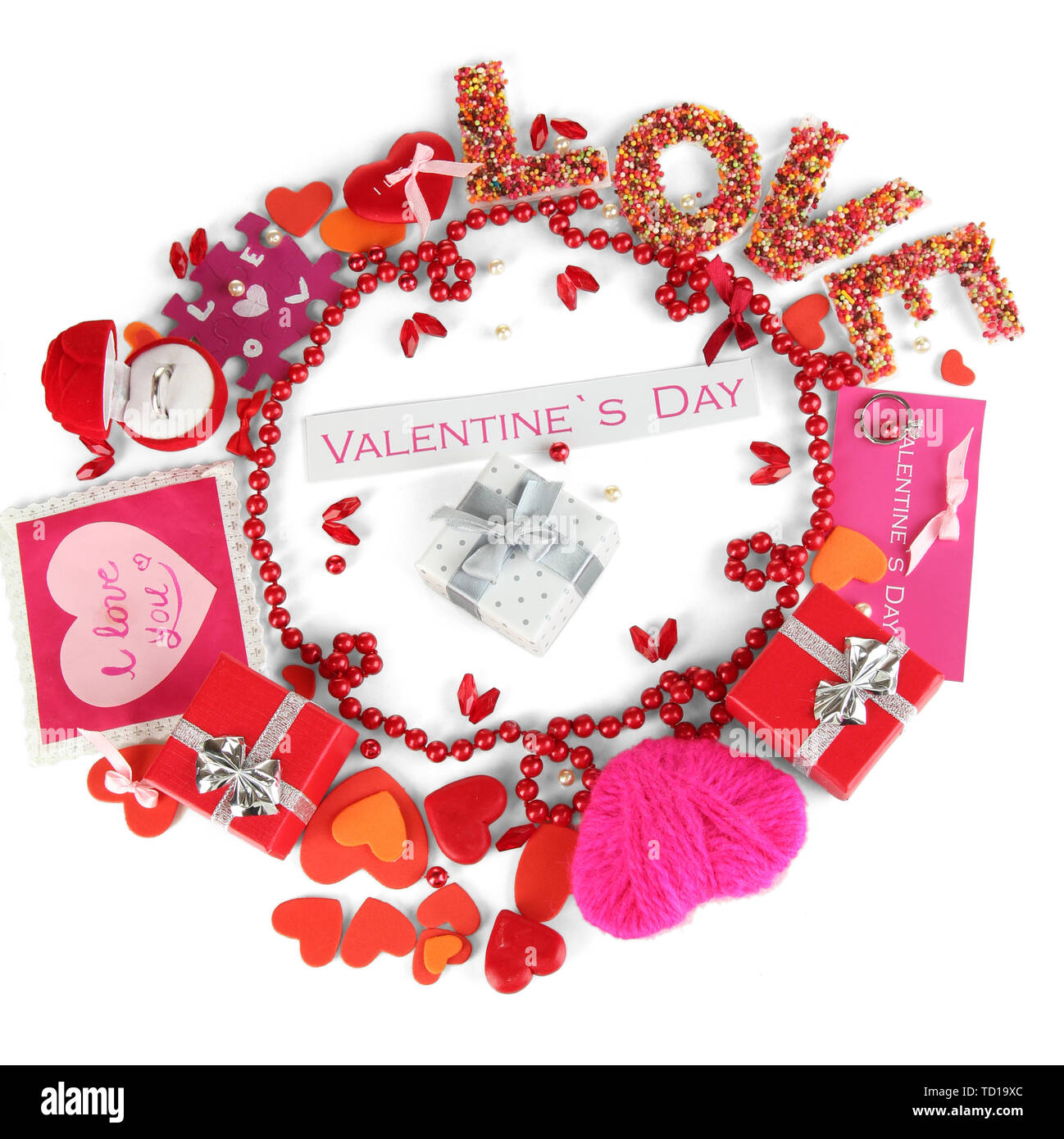 Circular composition Valentine's Day isolated on white Stock Photo - Alamy