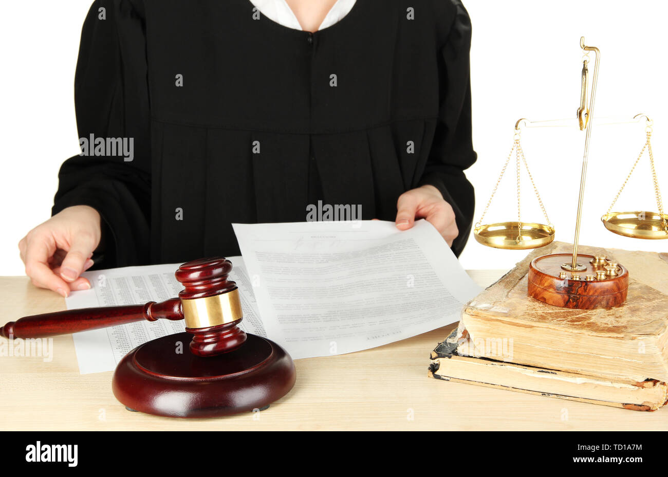 Judge sitting at table during court hearings isolated on white Stock ...