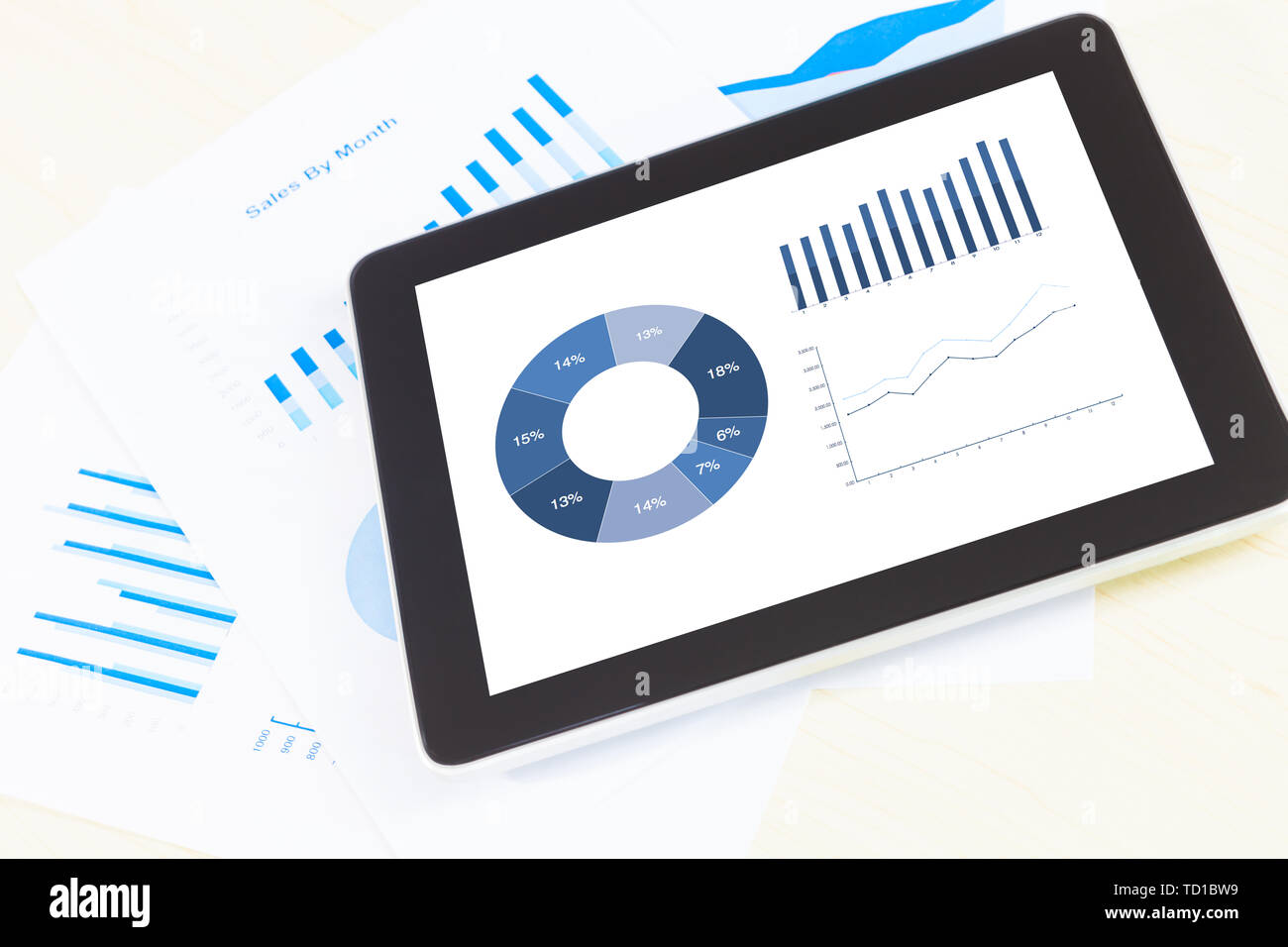 table with tablet,chart,and office supplies Stock Photo - Alamy