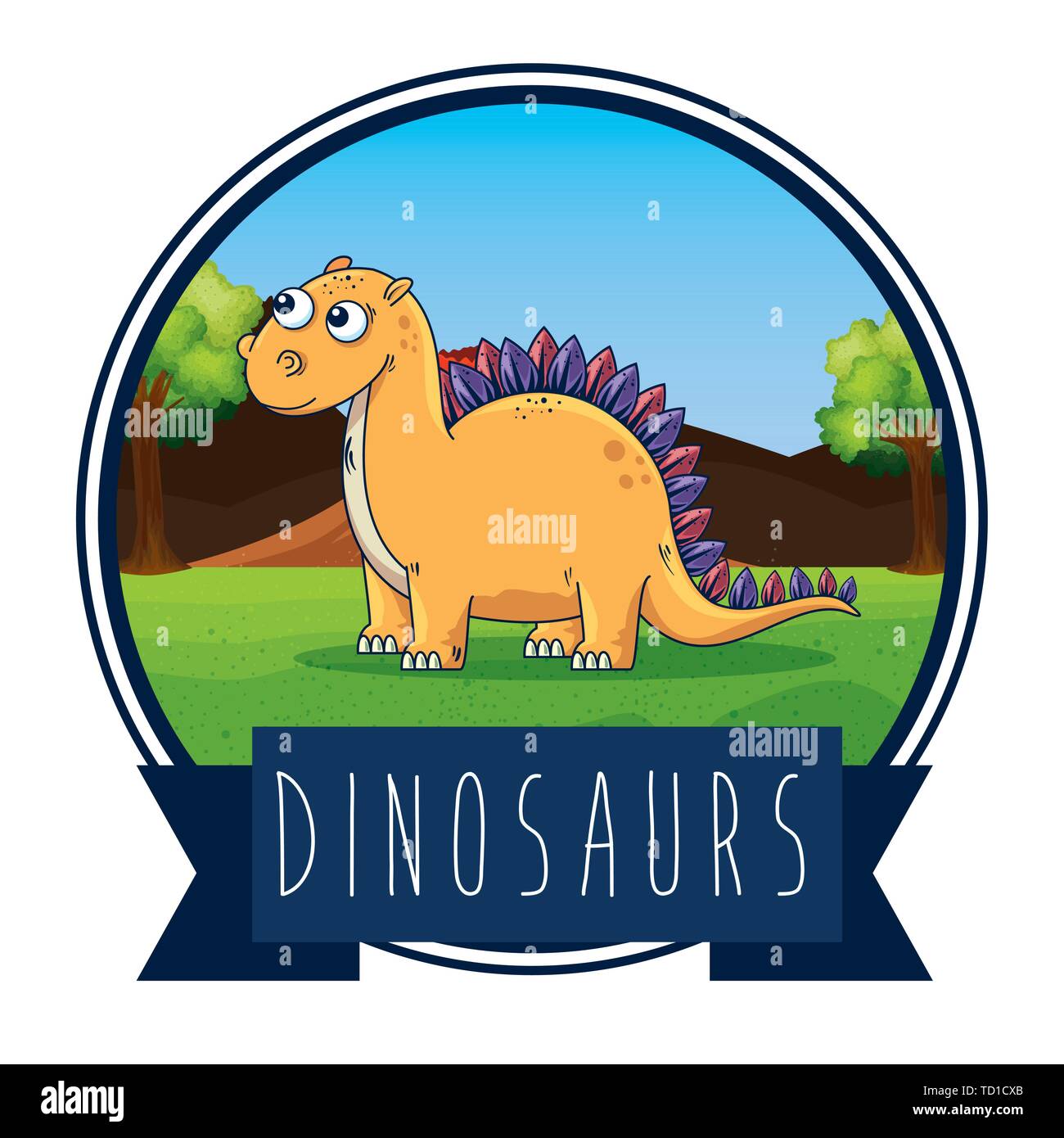 label of stegosaurus with volcano and trees with ribbon Stock Vector ...