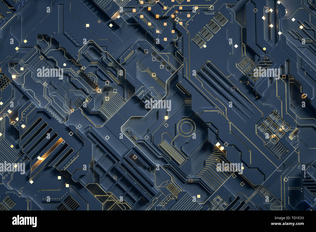Three-dimensional rendering, circuit board with gold chip Stock Photo ...